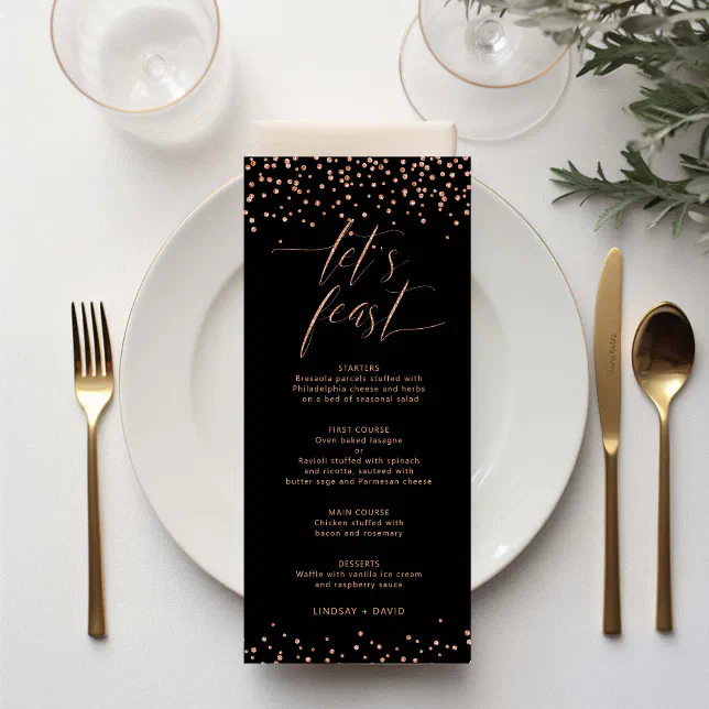 Rose gold glitter sparkle let's feast Menu Card | Zazzle
