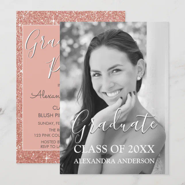 Rose Gold Glitter & Sparkle Photo Graduation Party Invitation | Zazzle