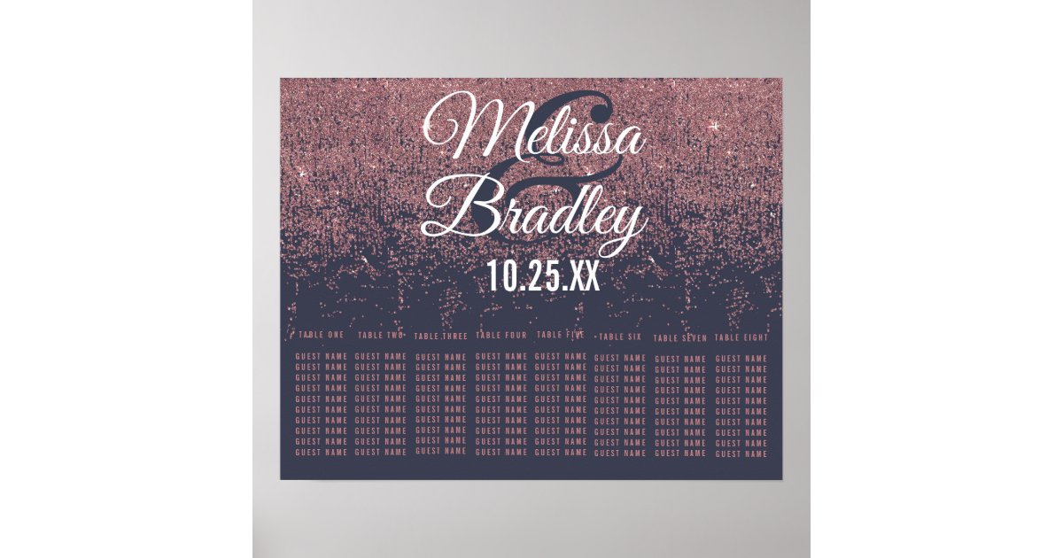 Rose Gold Glitter Sparkles Navy Blue Seating Chart | Zazzle