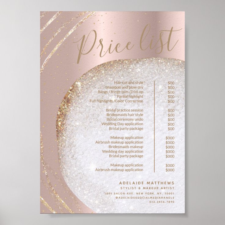 Rose Gold Glitter Stylist Salon Price List Service Poster | Zazzle