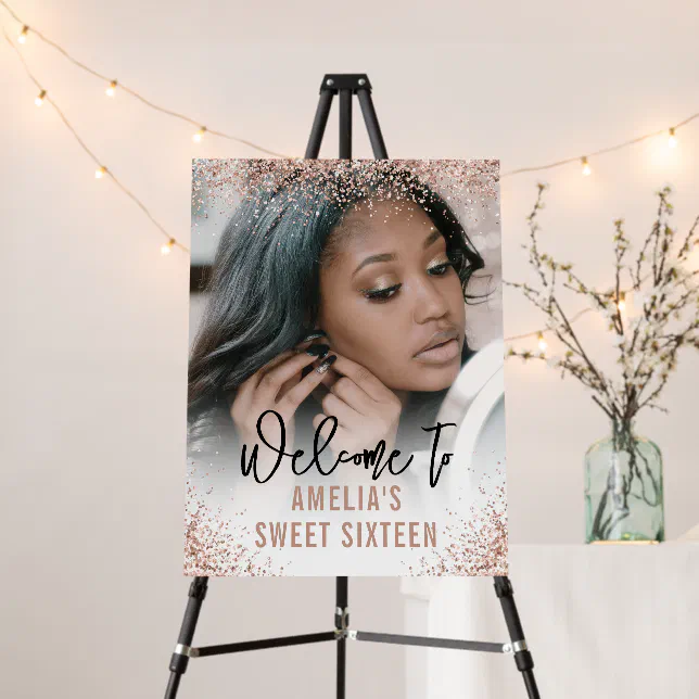 Rose Gold Glitter Sweet 16 Birthday Welcome Sign | Zazzle