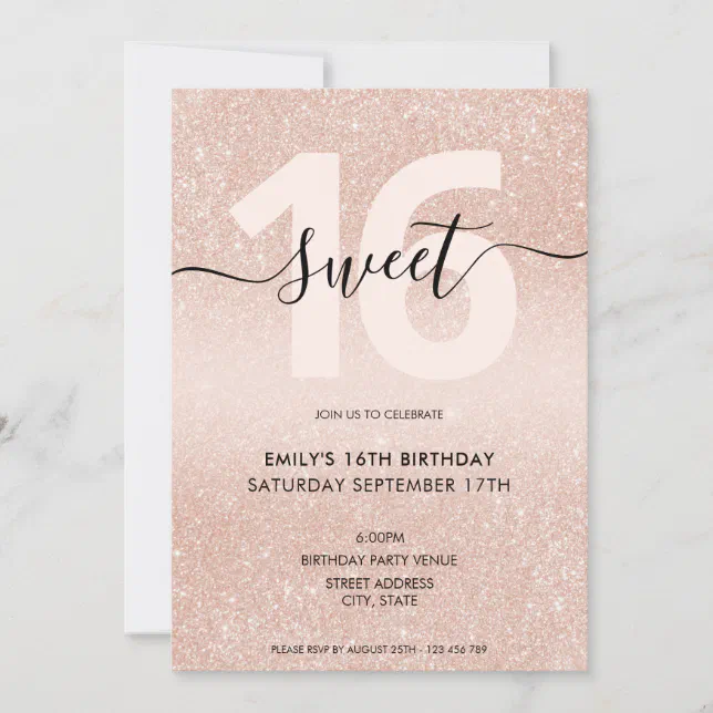 Rose Gold Glitter Sweet 16 Invitation | Zazzle