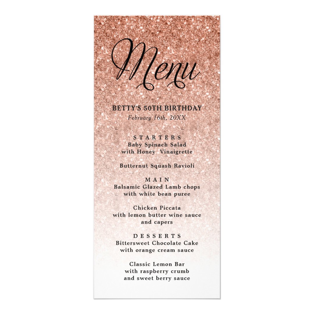 Rose Gold Glitter Tall Menu Card | Zazzle