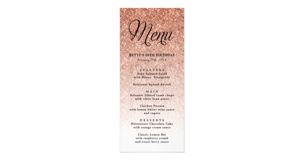 Rose Gold Glitter Tall Menu Card | Zazzle