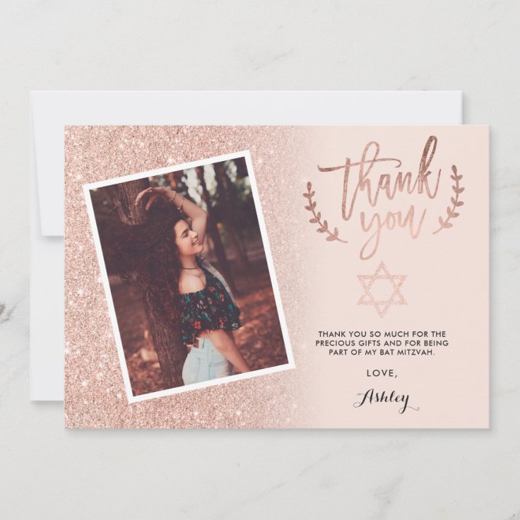 Rose gold glitter thank you bat mitzvah photo | Zazzle