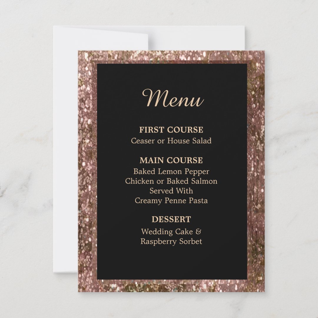 Rose Gold Glitter Wedding Menu Invitation | Zazzle
