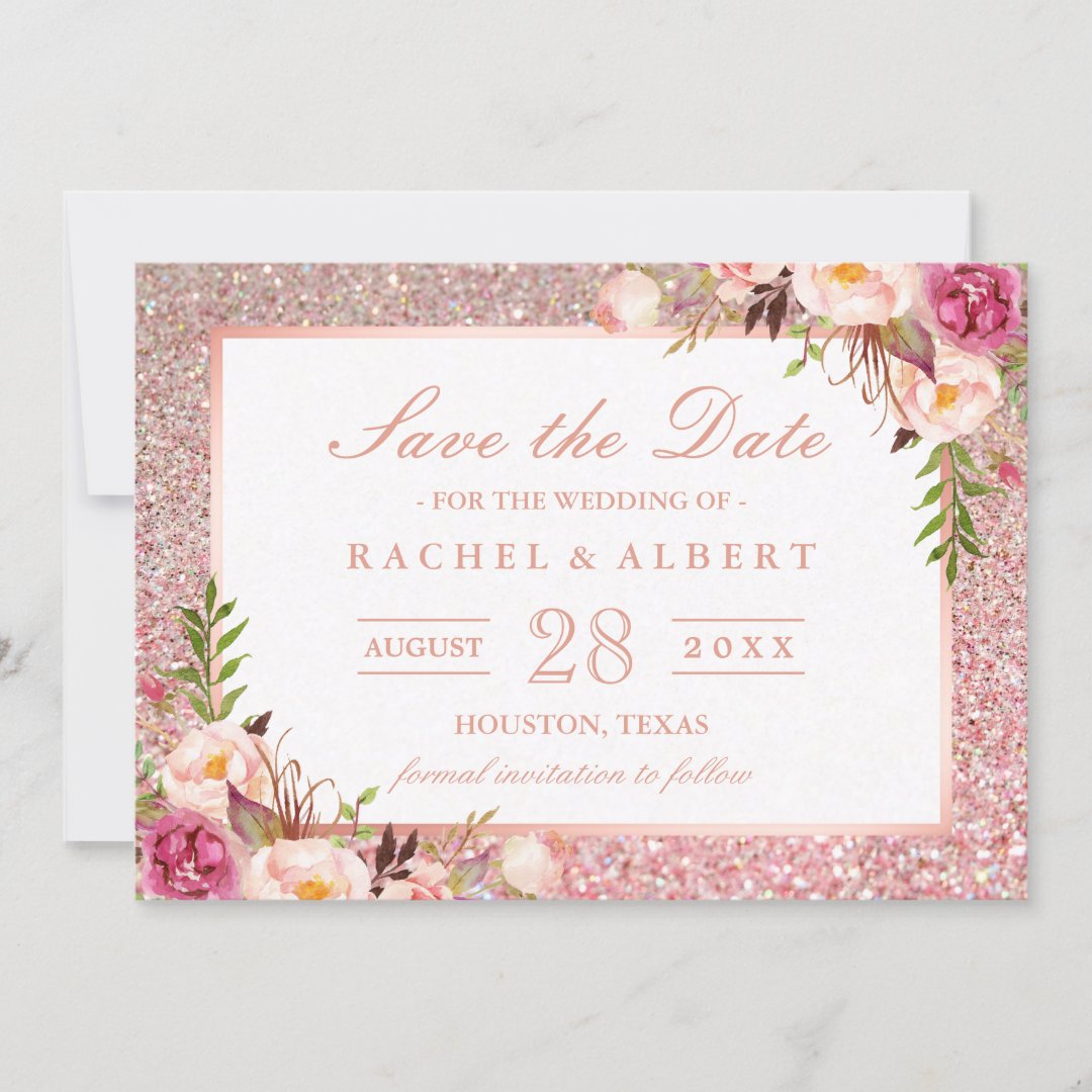 Rose Gold Glitters Pink Floral Save the Date | Zazzle