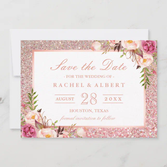 Rose Gold Glitters Pink Floral Save the Date | Zazzle