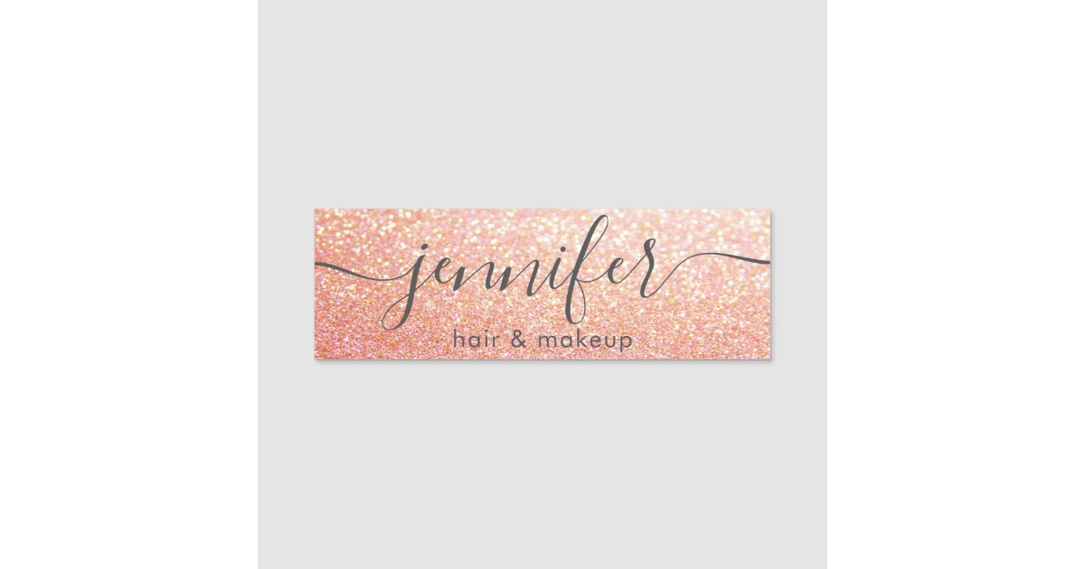 Rose gold glittery trendy script modern name tag | Zazzle