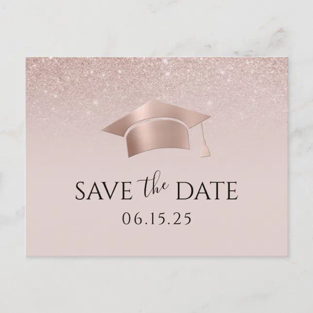 Rose Gold Grad Cap Blush Pink Ombre Graduation Announcement Postcard ...