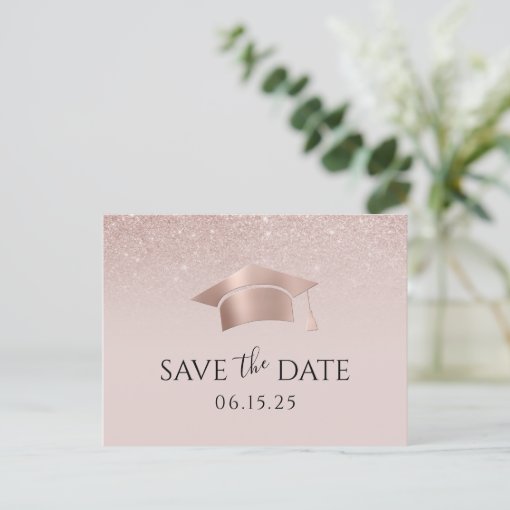 Rose Gold Grad Cap Blush Pink Ombre Graduation Announcement Postcard ...