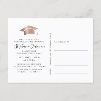 Rose Gold Grad Cap Blush Pink Ombre Graduation Announcement Postcard ...
