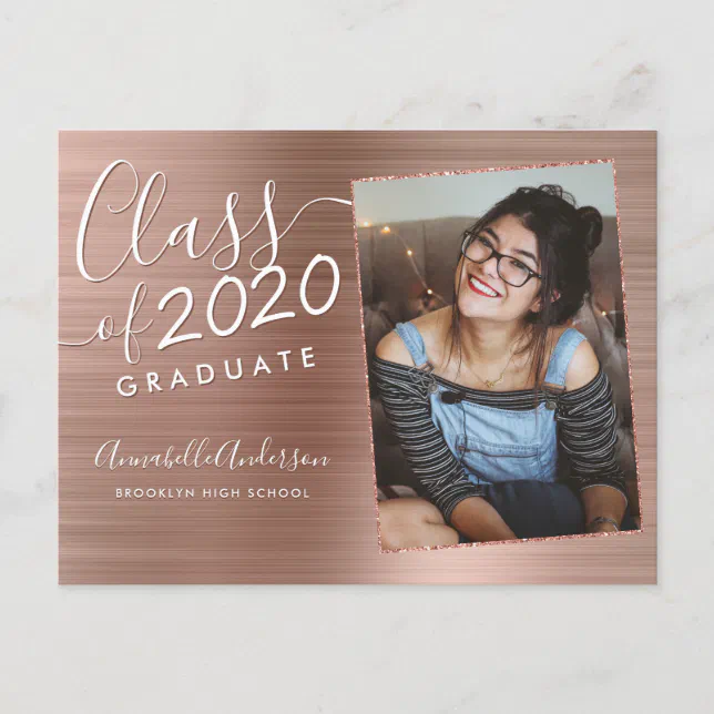 Rose Gold Graduate Brushed Metal Photo Graduation Announcement Postcard ...