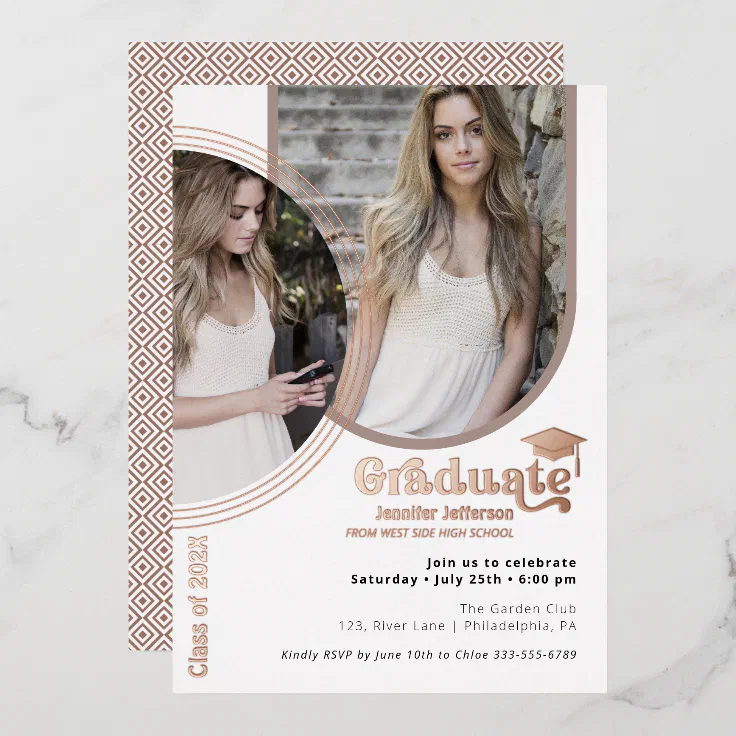 Rose Gold Graduation 2 Photos Foil Invitation | Zazzle