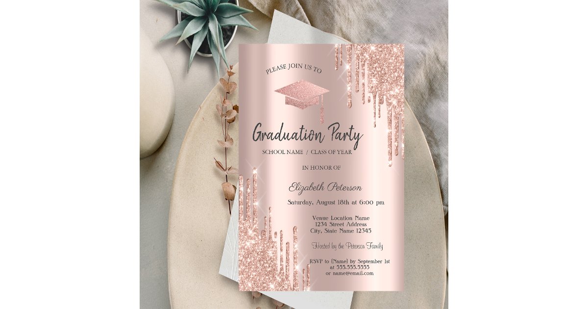 Rose Gold Graduation Cap Glitter Drips,Graduation Invitation | Zazzle