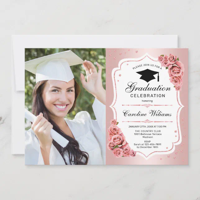 Rose Gold Graduation Party With Photo Invitation | Zazzle