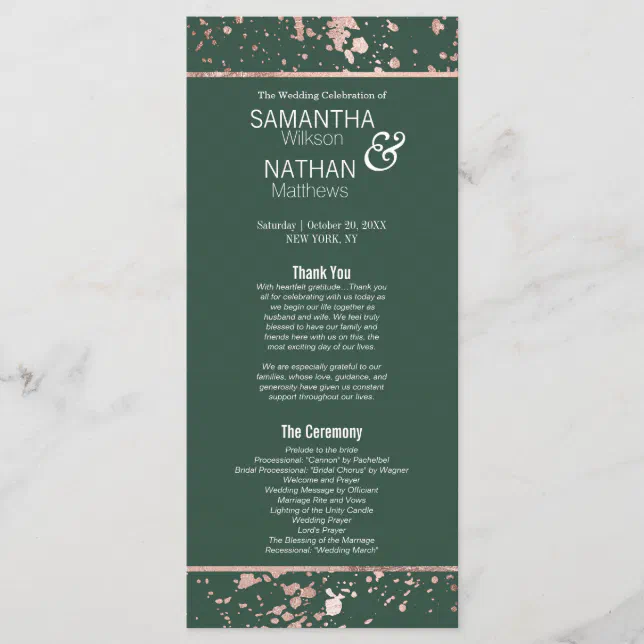 Rose Gold Green Paint Splatters Wedding Program | Zazzle