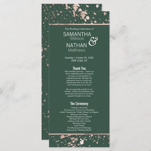 Rose Gold Green Paint Splatters Wedding Program | Zazzle