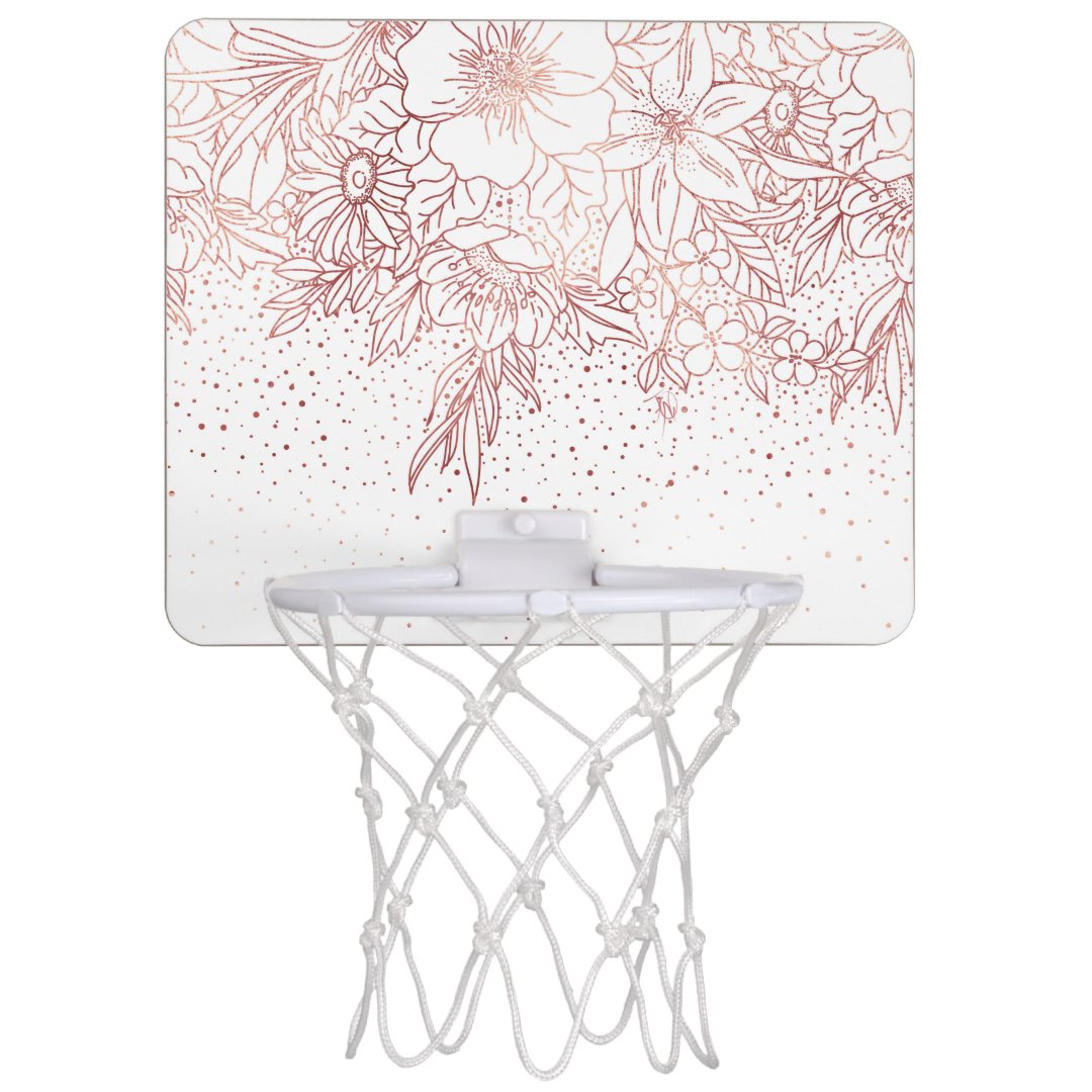 Rose gold hand drawn floral doodles and confetti mini basketball hoop ...