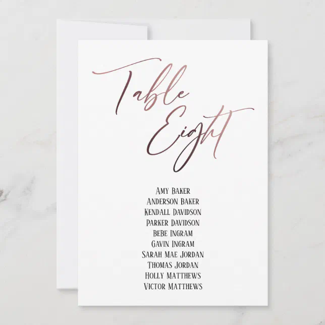 Rose Gold Handwriting Table Eight Seating Chart | Zazzle