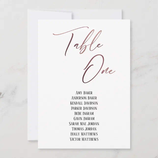 Rose Gold Handwriting Table One Seating Chart Card | Zazzle