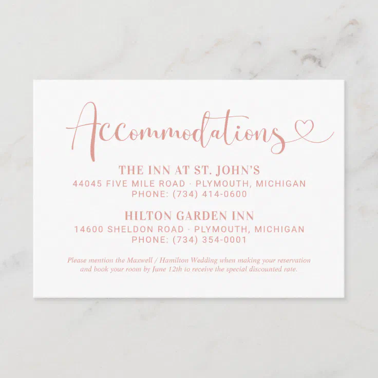 Rose Gold Heart Script Wedding Accommodations Enclosure Card | Zazzle