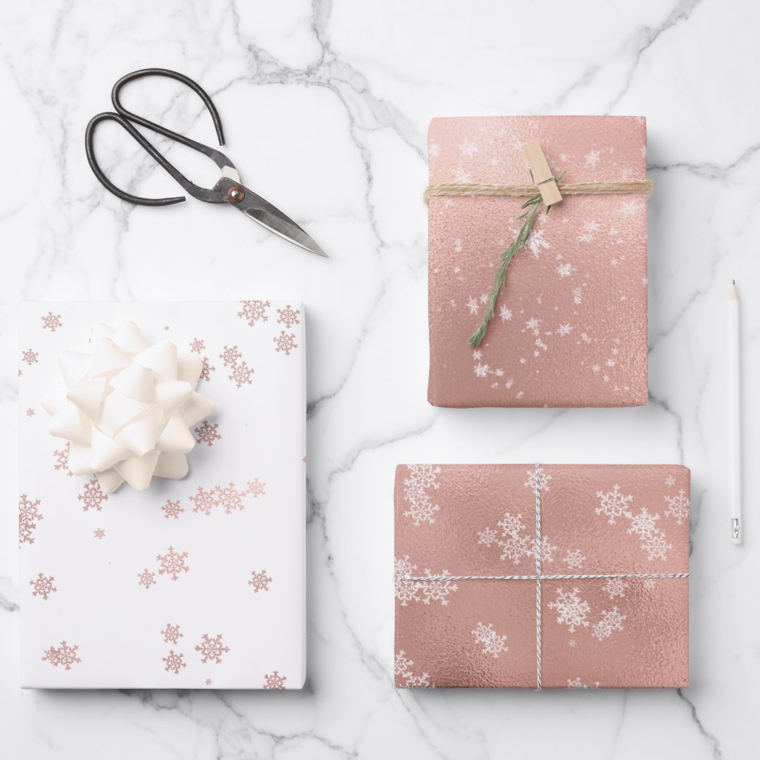 Rose Gold Holiday Snowflakes Christmas Wrapping Paper Sheets | Zazzle