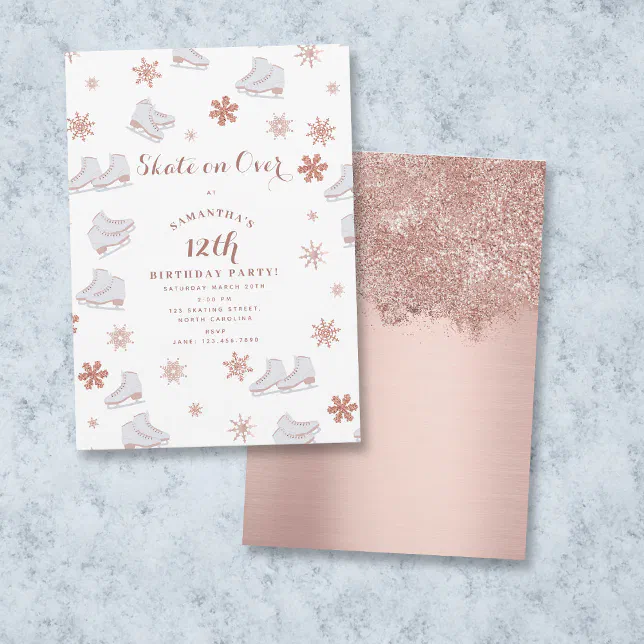 Rose Gold Ice Skates Blush Pink Skating Birthday Invitation | Zazzle