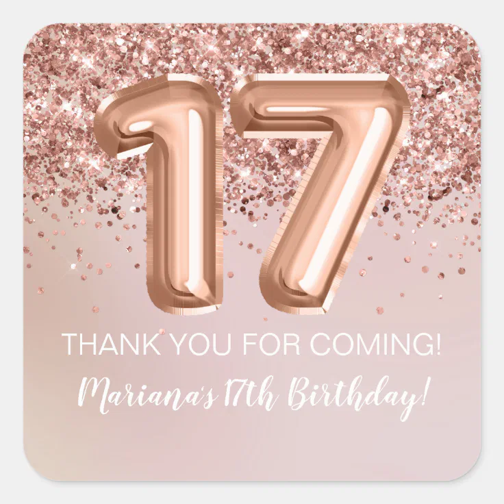 Rose Gold Kids Girl 17th Birthday Party Favor Square Sticker | Zazzle