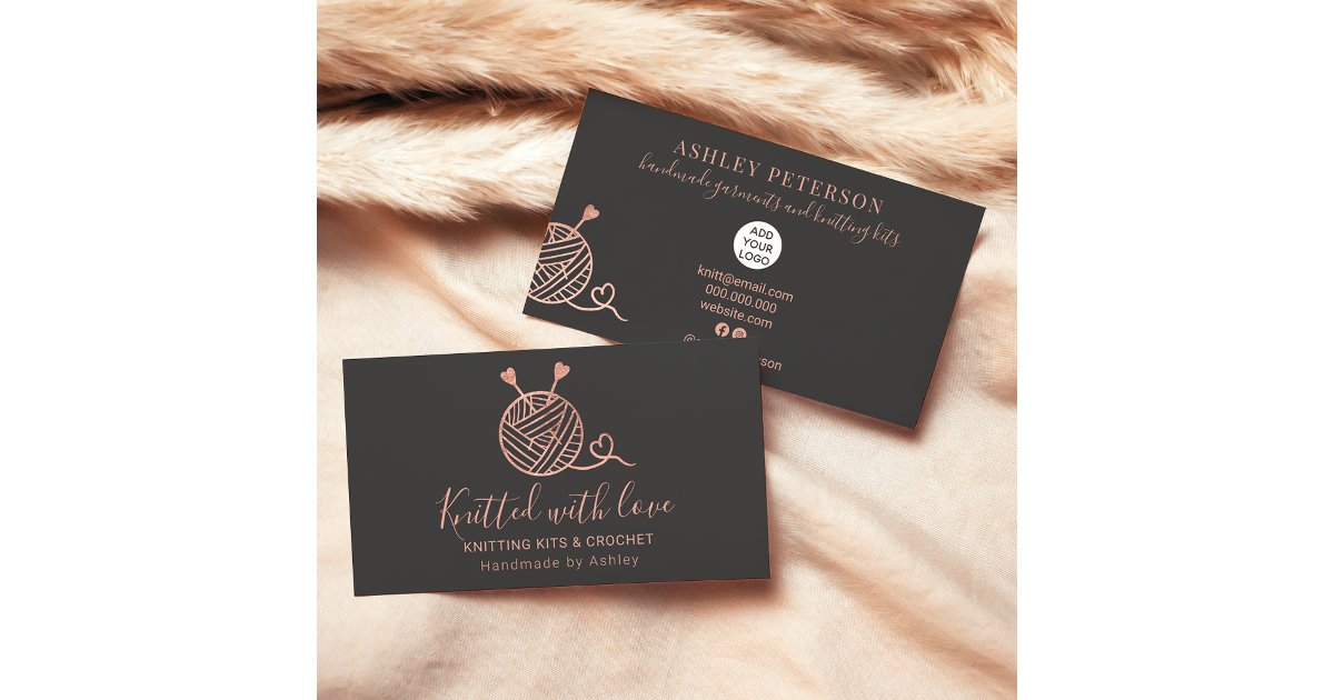 Rose gold knitting crochet yarn handmade kit gray business card | Zazzle