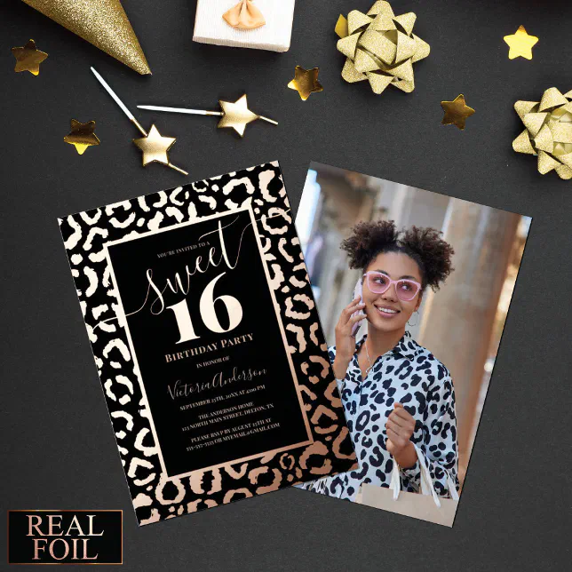 Rose Gold Leopard Cheetah Print Photo Sweet 16 Foi Foil Invitation | Zazzle