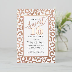 Rose Gold Leopard Cheetah Print Photo Sweet 16 Foil Invitation | Zazzle