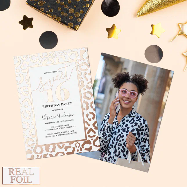 Rose Gold Leopard Cheetah Print Photo Sweet 16 Foil Invitation | Zazzle