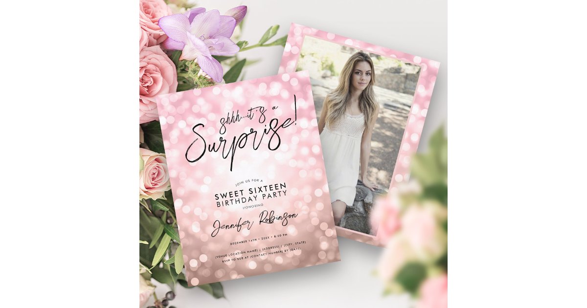 Rose Gold Lights Photo Surprise Sweet 16 Invites | Zazzle