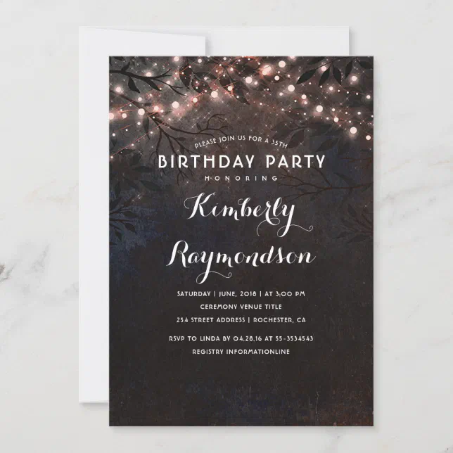 Rose Gold Lights Rustic Night Birthday Invitation | Zazzle