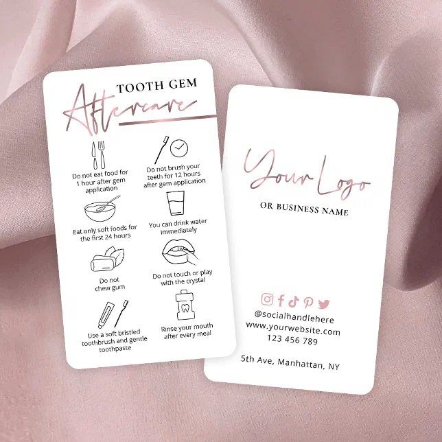 Rose Gold Logo Teeth Crystals Aftercare Dentist Business Card | Zazzle