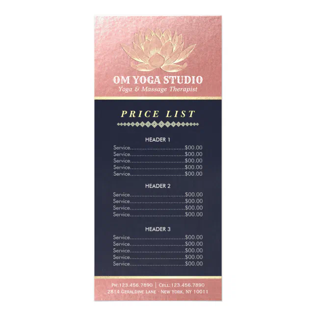 Rose Gold Lotus YOGA Reiki Instructor Price List Rack Card | Zazzle