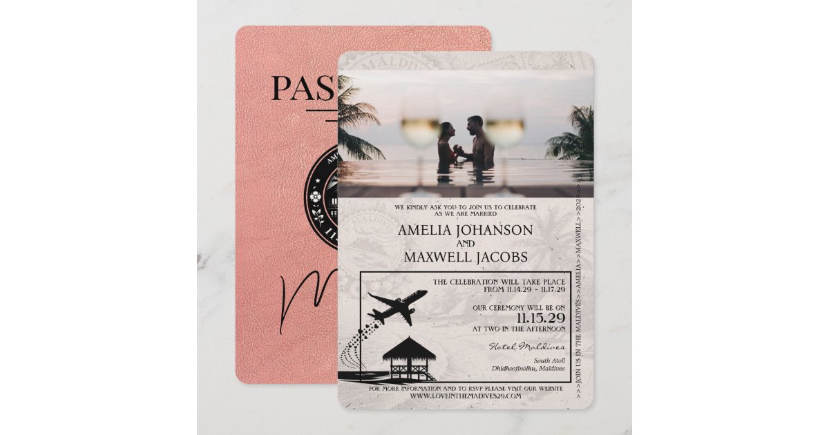 Rose Gold Maldives Passport Wedding Invitation | Zazzle