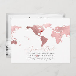 Rose Gold Map, Any Destination Save the Date Postcard | Zazzle