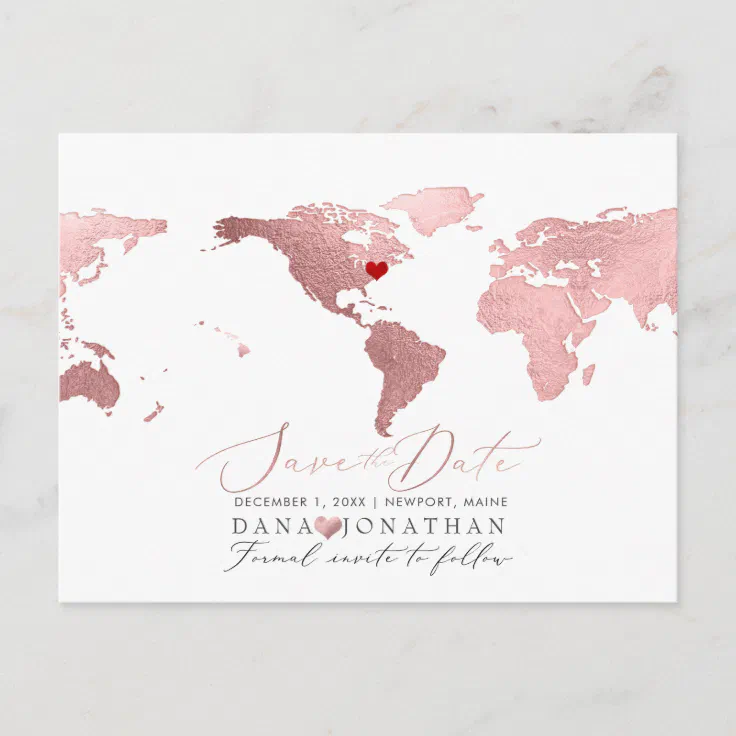 Rose Gold Map, Any Destination Save the Date Postcard | Zazzle