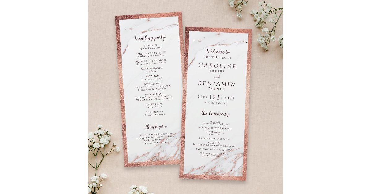 Rose gold marble luxury modern wedding program | Zazzle
