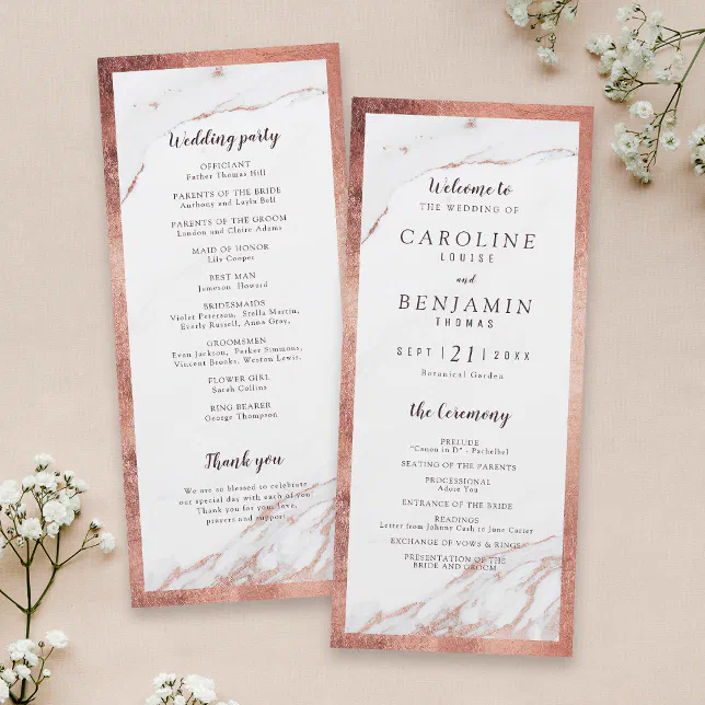 Rose gold marble luxury modern wedding program | Zazzle