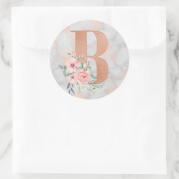 Rose Gold Marble Pink Flowers Monogram Letter B Classic Round Sticker ...