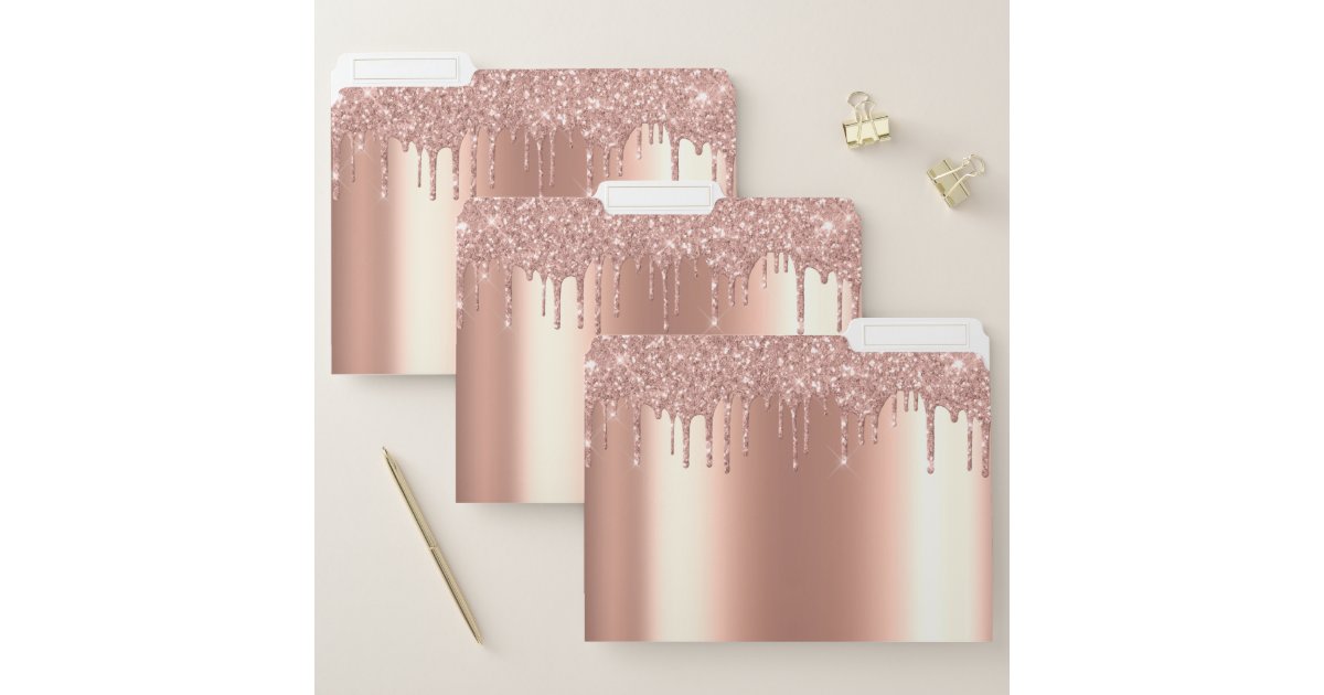 Rose Gold Metal Look Glitter Drips Sparkle File Folder | Zazzle