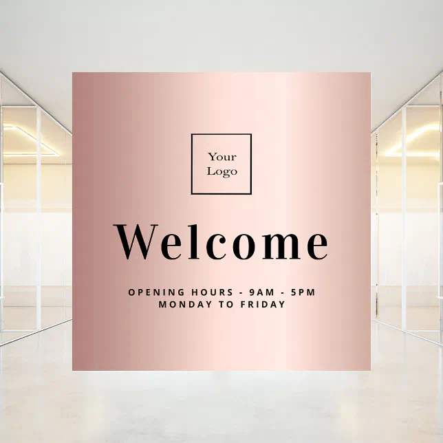 Rose gold metallic business logo welcome window cling | Zazzle