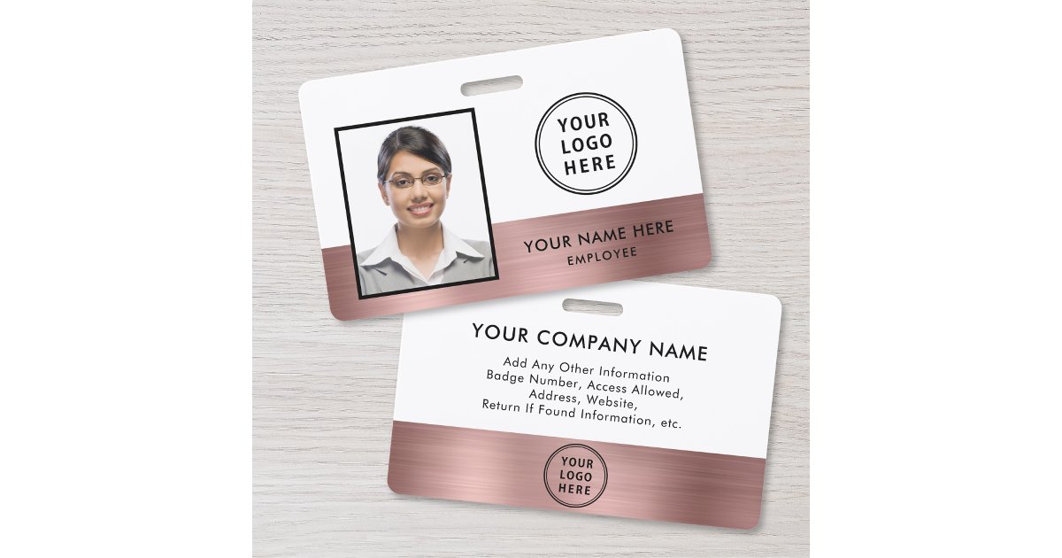 Rose Gold Metallic Logo Employee Photo ID Badge | Zazzle