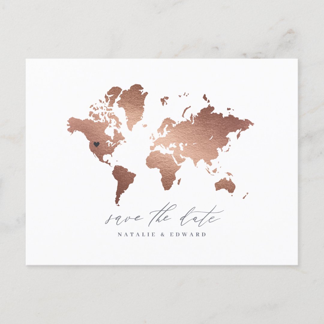 Rose gold metallic world map wedding announcement | Zazzle