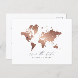Rose gold metallic world map wedding announcement | Zazzle