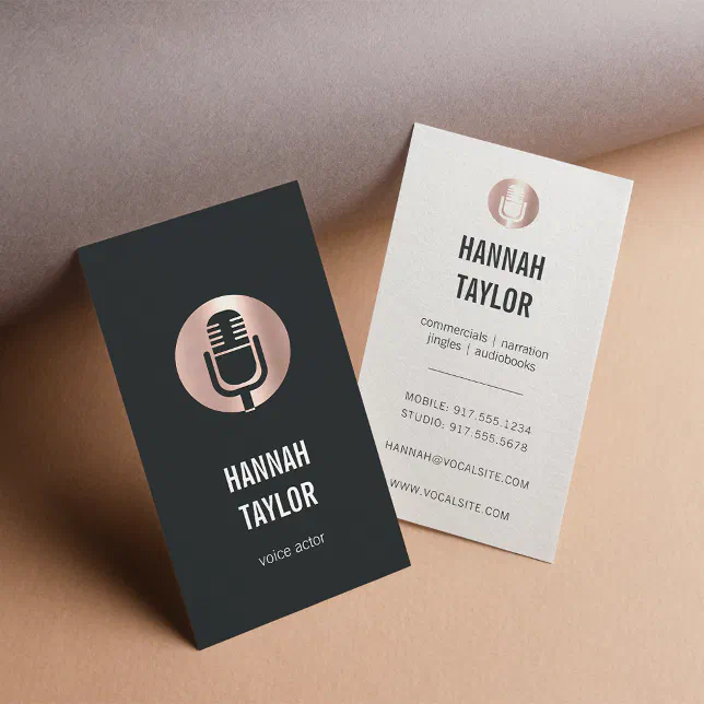 Rose Gold Microphone Voice Actor Vertical Business Card | Zazzle