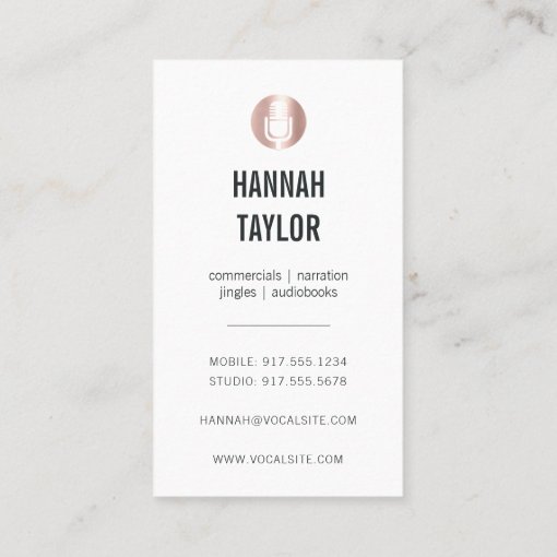 Rose Gold Microphone Voice Actor Vertical Business Card | Zazzle